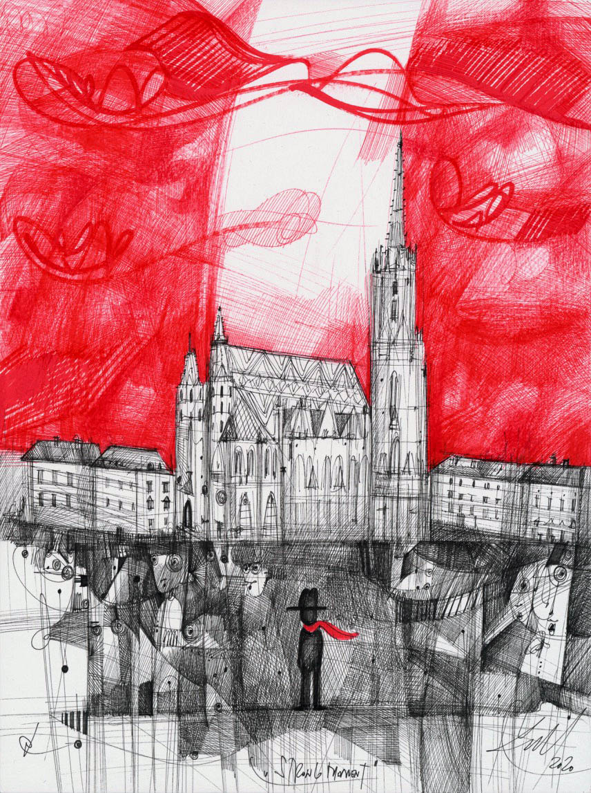 Sky Over Stephansdom, Luka Brase, obraz, rok 2020, rozmery: 32 x 24 cm ...